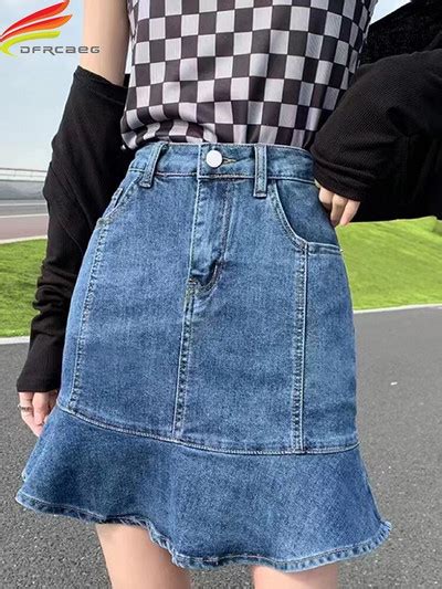 Badu Bg Dfrcaeg 2023 Лятна дънкова пола за жени Висока талия Миди дължина Русалка Сини дънкови