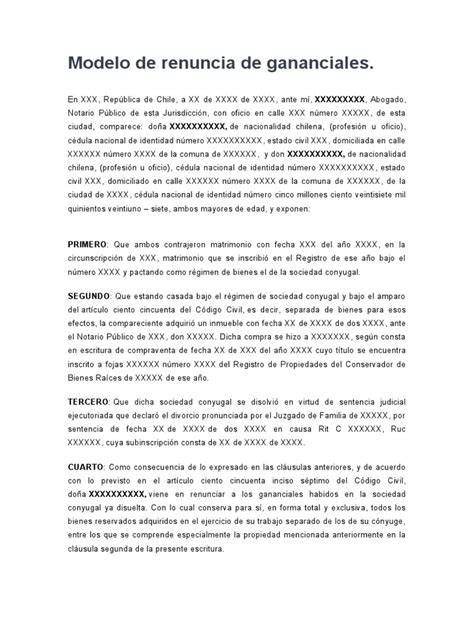 Modelo De Renuncia De Gananciales Pdf