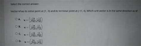 Solved Select The Correct Answer Vector V Has Its Initial Point At 7