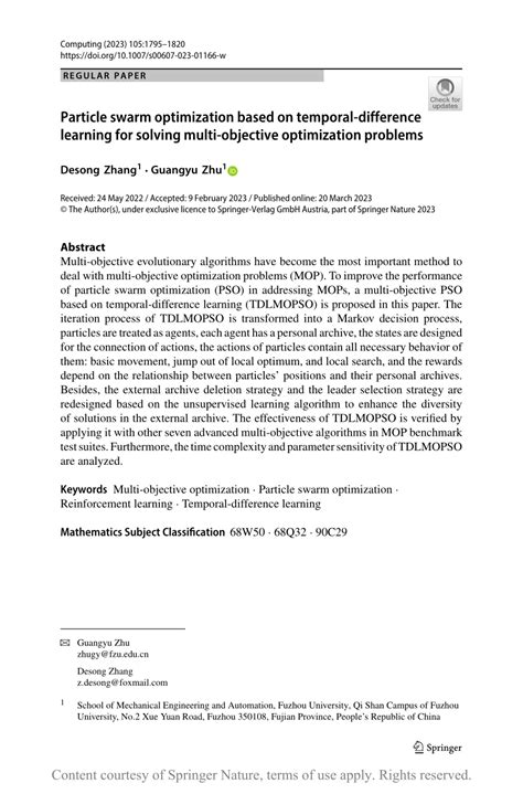 Particle Swarm Optimization Based On Temporal Difference Learning For