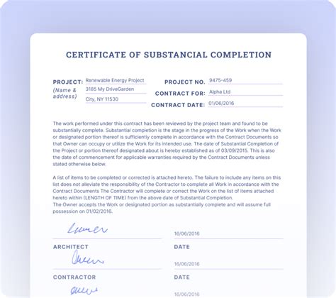 Certificate Of Substantial Completion Form Printable