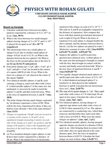 Coulombs Law Class 12 Sheet Pdf Force Electric Charge