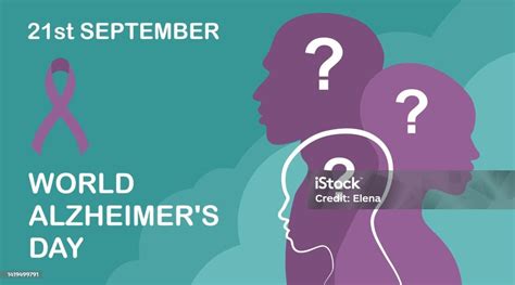 인간의 머리의 라일락 실루엣과 알츠하이머 시대의 물음표가있는 청록색 벡터 수평 배경 알츠하이머병에 대한 스톡 벡터 아트 및 기타 이미지 알츠하이머병 포스터 9월