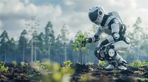Premium Photo Robot Planting Trees In A Deforested Zone Showcasing