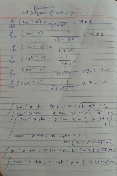 Here Is The List Of The Formulae For Differentiation And Integration For Inverse Trigo Function