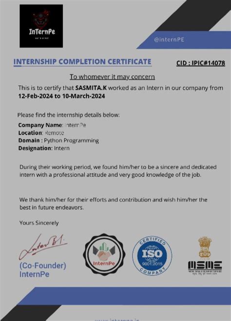 Sasmita K On Linkedin Python Internshipcompletion