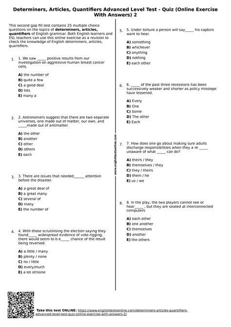 Solution 358 Determiners Articles Quantifiers Advanced Level Test Quiz