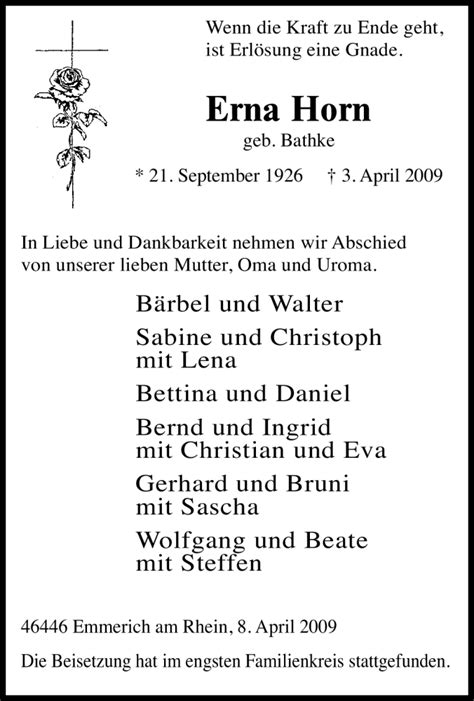 Traueranzeigen Von Erna Horn Trauer In Nrwde