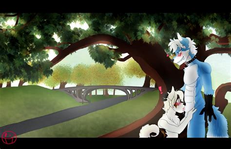 Rule 34 Anthro Behind Tree Big Tree Black Markings Blue Eyes Blue Fur Blush Brown Markings
