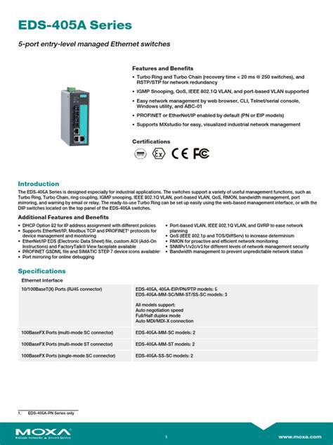 Moxa Eds 405a Series Datasheet v1.3 | PDF | Telecommunications ...