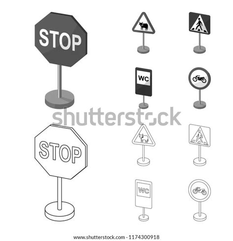 Different Types Road Signs Outlinemonochrome Icons Vector De Stock