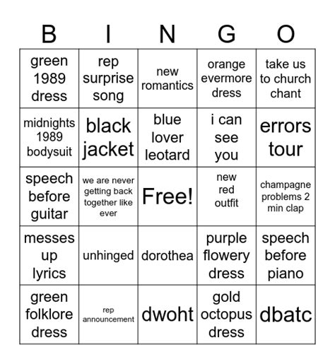 Taylor Swift Bingo Card