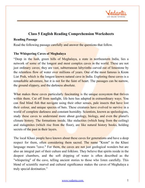 5th Grade Printable Reading Comprehension Class 5 English Reading