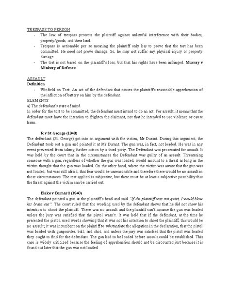 Trespass Notes Trespass To Person The Law Of Trespass Protects The