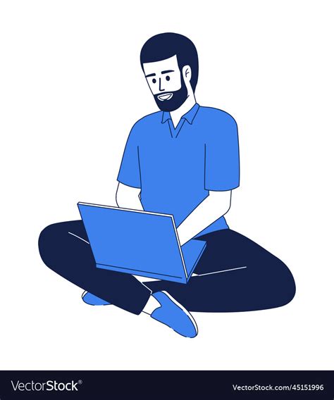 Smiling Man With Laptop Flat Color Linear Vector Image