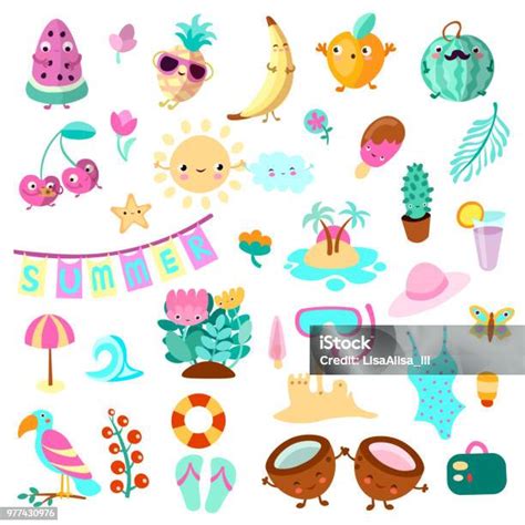여름 휴가 요소 집합입니다 귀여운 만화 및 여름 방학 및 휴가 여름 시간에 대 한 그림을 벡터 휴식 합니다 만평 여름 휴가 광고에 대 한 개체의 컬렉션 0명에 대한 스톡