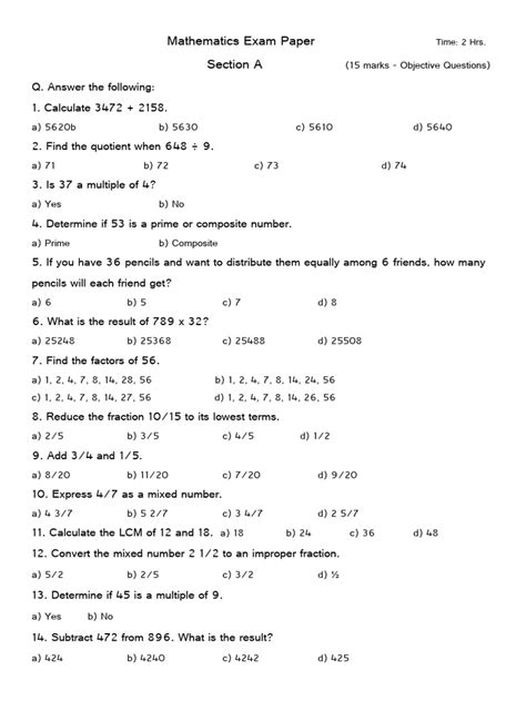 Mathematics Exam Paper Sample Test Papers Pdf