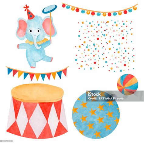 만화 수채화 삽화 요술쟁이 서커스 연단 공 화환 및 색종이 조각 배경에 눈에 띄는 손으로 그린 구성 스티커 스크랩북 초대장의 경우 0명에 대한 스톡 벡터 아트 및 기타