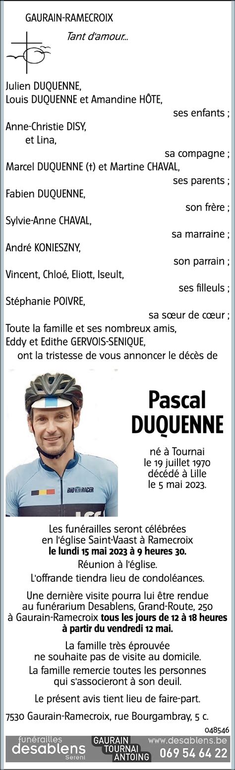 Avis De Décès De Pascal Duquenne Décédé Le 05 05 2023 à Lille Annonce Condoléances Fleurs
