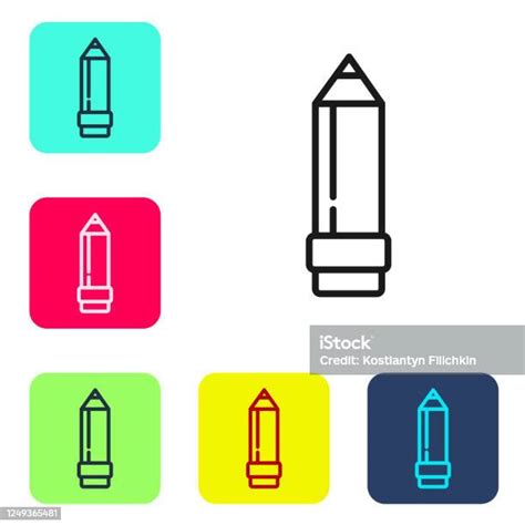 흰색 배경에 격리 된 지우개 아이콘이있는 검은 색 선 연필 드로잉 및 교육 도구 학교 사무실 기호 색상 정사각형 단추로 아이콘을 설정합니다 벡터 일러스트레이션 개념에 대한