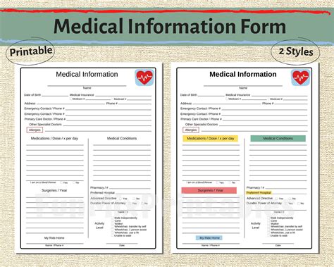 Medical Information Form Emergency Contacts Form Printable