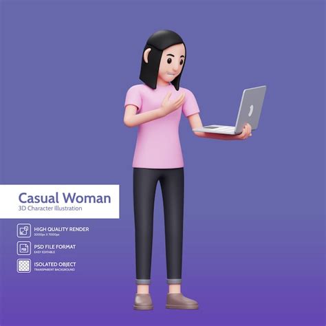노트북 전면 카메라로 화상 통화를 하는 소녀 3d 렌더링 문자 그림 프리미엄 Psd 파일