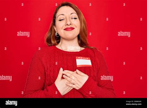 Young Beautiful Redhead Woman Wearing Sticker Presentation With Hello