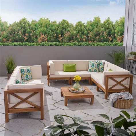 Cynthia Outdoor Acacia Wood 8 Seater Sectional Sofa Set With Coffee Ta