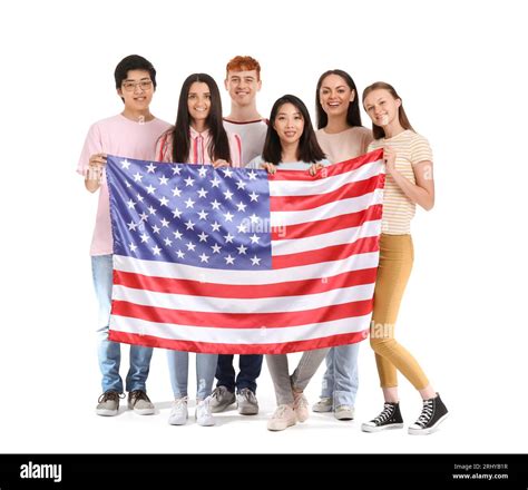 Young Students Of Language School With Usa Flag On White Background