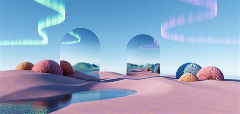 3d 렌더링 기하학적 모양이 있는 초현실적인 파스텔 풍경 배경 아치가 있는 조미료 풍경의 추상적인 환상적인 사막 모래 언덕 복사 공간이 있는 파노라마 미래 장면 푸른 하늘과