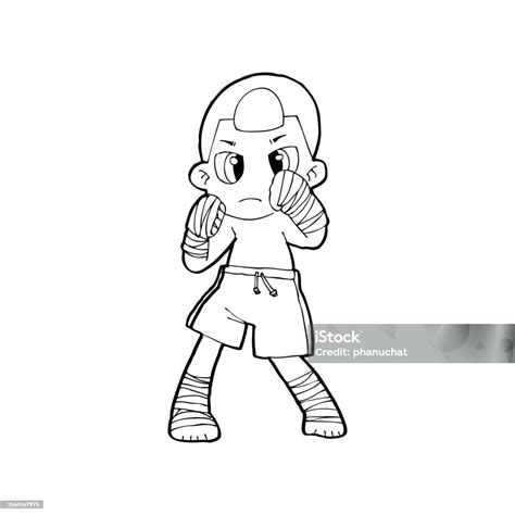무에타이 킥복싱 타이 복싱 귀여운 아이 싸움 액션 만화 낙서 벡터 그림 흰색 배경 권투 선수에 대한 스톡 벡터 아트 및 기타 이미지 권투 선수 권투 스포츠 귀여운