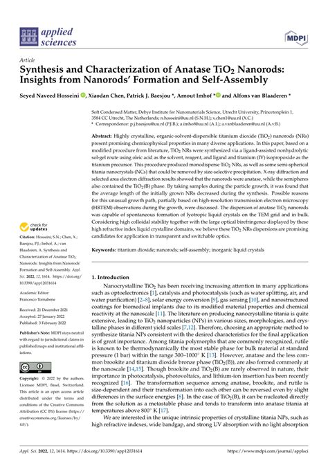 Pdf Synthesis And Characterization Of Anatase Tio2 Nanorods Insights From Nanorods Formation