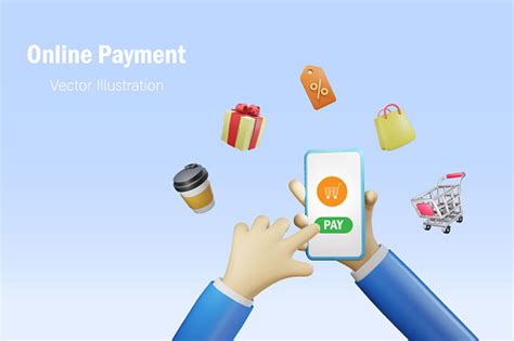 사업가의 손은 스마트 폰에서 온라인 결제를 사용합니다 모바일 뱅킹 온라인 쇼핑을 위한 금융 애플리케이션 서비스 음식 배달 무선 기술 3d 벡터 3차원 형태에 대한 스톡 벡터