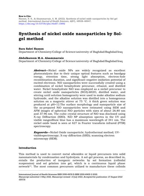 Pdf Synthesis Of Nickel Oxide Nanoparticles By Sol Gel Method