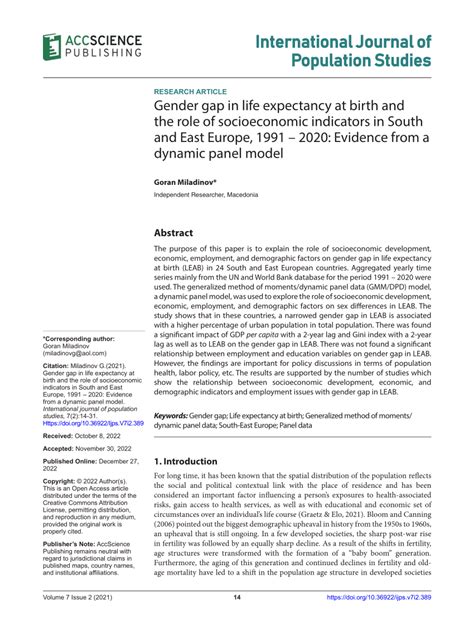 Pdf Gender Gap In Life Expectancy At Birth And The Role Of