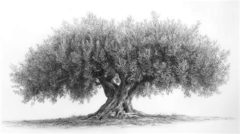 A Detailed Pencil Drawing Of A Large Olive Tree Premium Ai Generated