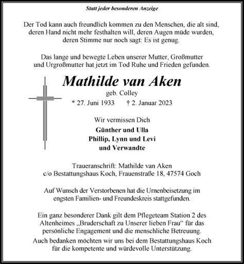 Alle Traueranzeigen Für Mathilde Van Aken Trauerrp Onlinede