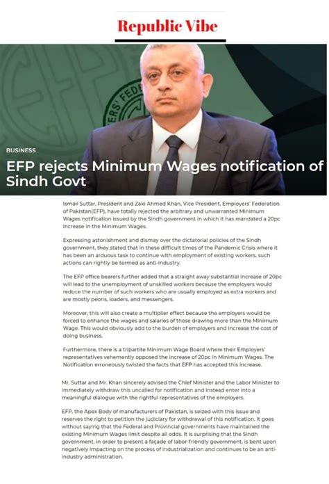 Efp Rejects Minimum Wages Notification Of Sindh Govt Employers