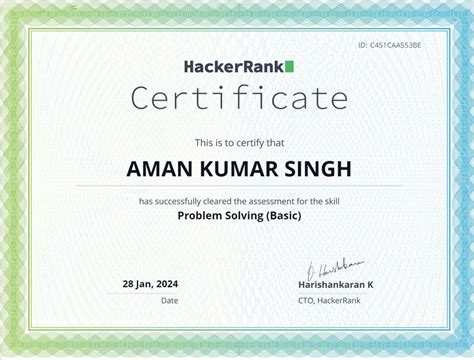 Earned Hackerrank Problem Solving Certificate Aman Kumar Singh Posted