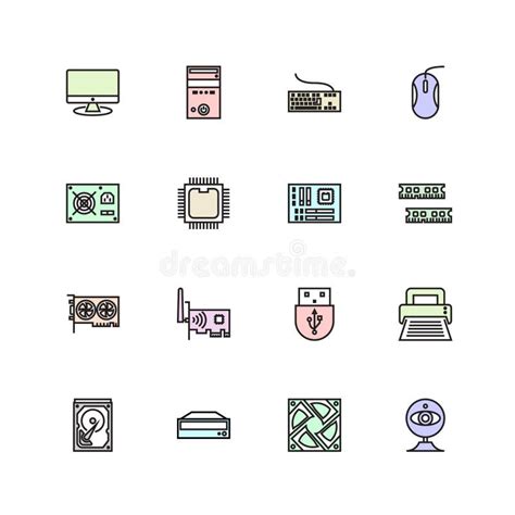 Computer Hardware Icons Set Outline Or Line Style Vector Illustration