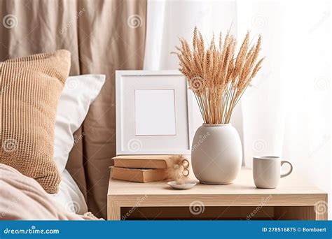 Generative Ai Illustration Of Blank Wooden Frame On Wooden Bedside Table Stock Illustration