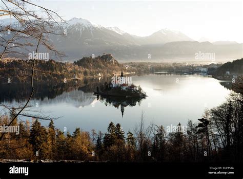Panorama Of Lake Bled During Sunrise Lake Bled Castle In The