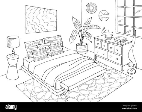 Bedroom Graphic Black White Home Interior Sketch Illustration Vector