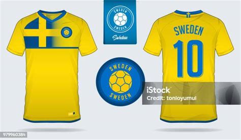 축구 유니폼 이나 축구 키트 템플릿 디자인 스웨덴 축구 국가 대표팀에 대 한 전면 및 후면 볼 축구 유니폼 축구 T 셔츠 플랫 로고 디자인을 모의 저지 직물에 대한 스톡