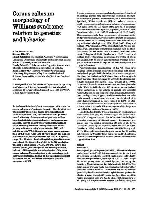 Pdf Corpus Callosum Morphology Of Williams Syndrome Relation To
