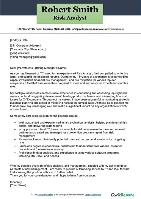 Risk Analyst Cover Letter Examples QwikResume