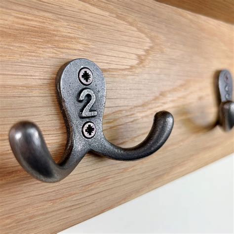 Oak Coat Rack With Integrated Shelf 5 Cast Iron Numbered Hooks Old