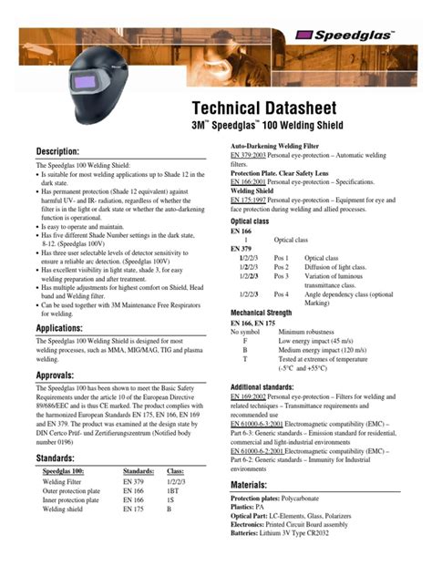Speedglas 100 Technical Data Sheet Pdf Electromagnetic
