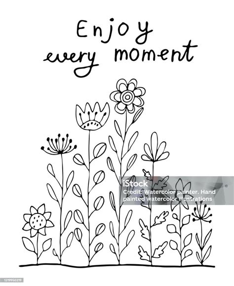 흑백 여름 꽃과 잎 벡터 그림입니다 손 그리기 낙서 인사말 카드입니다 모든 순간 문자를 즐길 수 있습니다 개화기에 대한 스톡 벡터 아트 및 기타 이미지 Istock