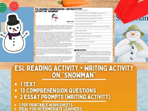 Esl Reading Comprehension Writing Activity Worksheets On Snowman By
